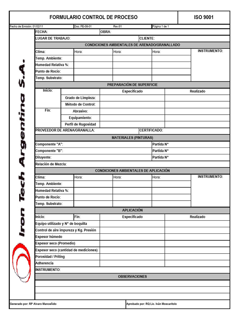 FE-08-01 Formulario Control de Proceso Rev01. | PDF | Física Aplicada e Interdisciplinaria