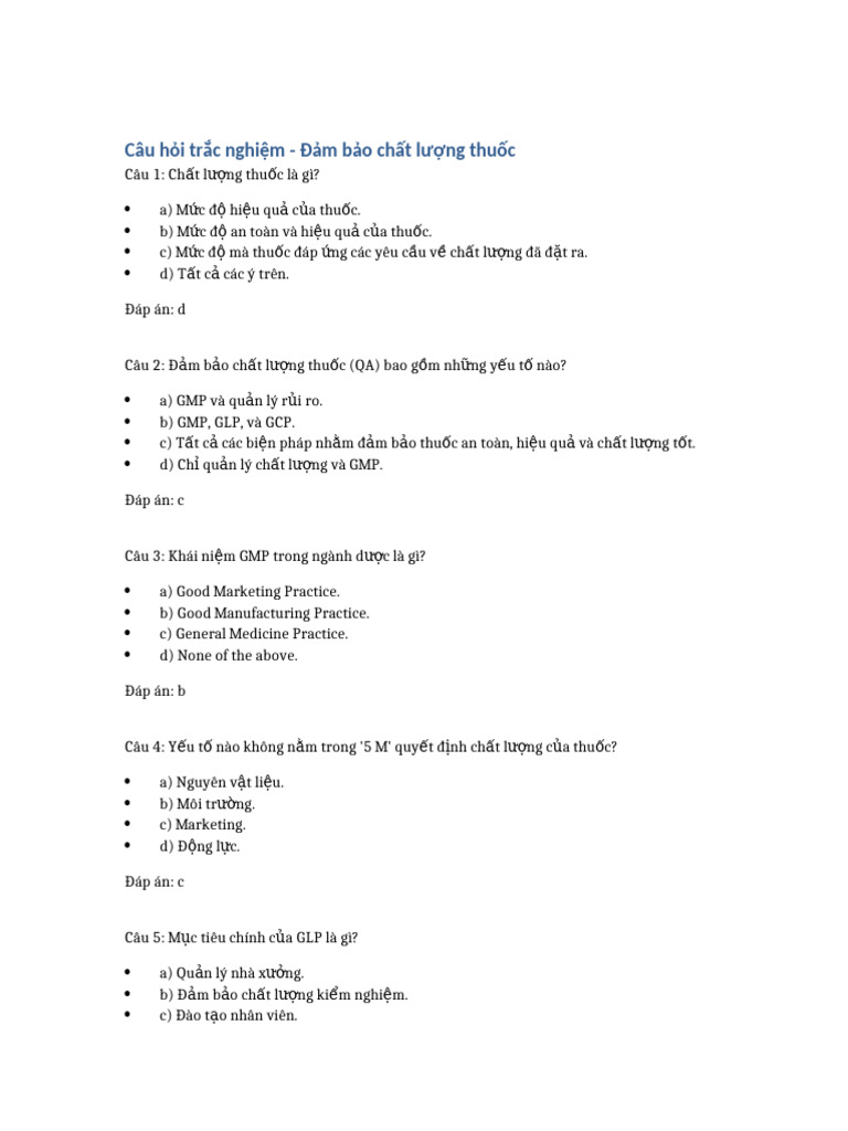 Cau Hoi Trac Nghiem Dam Bao Chat Luong Thuoc | PDF