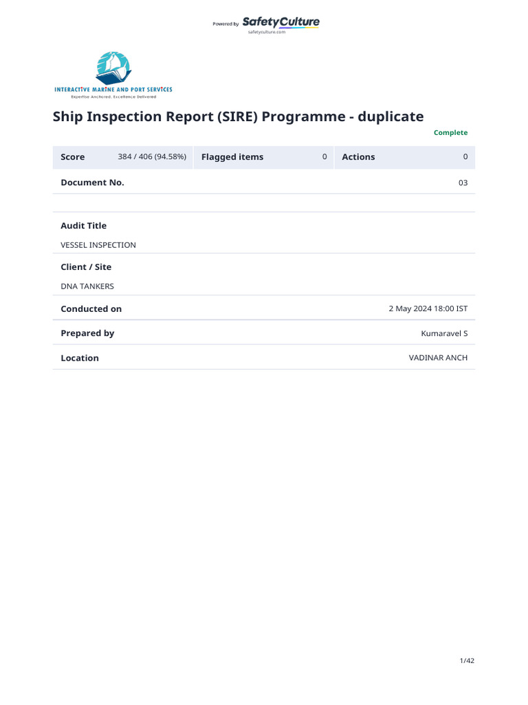 05. Safety culture - Ship-Inspection-Report-(SIRE) - M.T.MIANZIMU | PDF ...