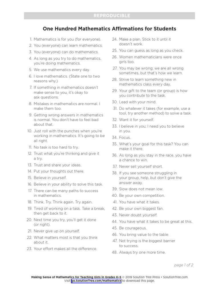 Empowering Math Affirmations for Students | PDF | Mathematics