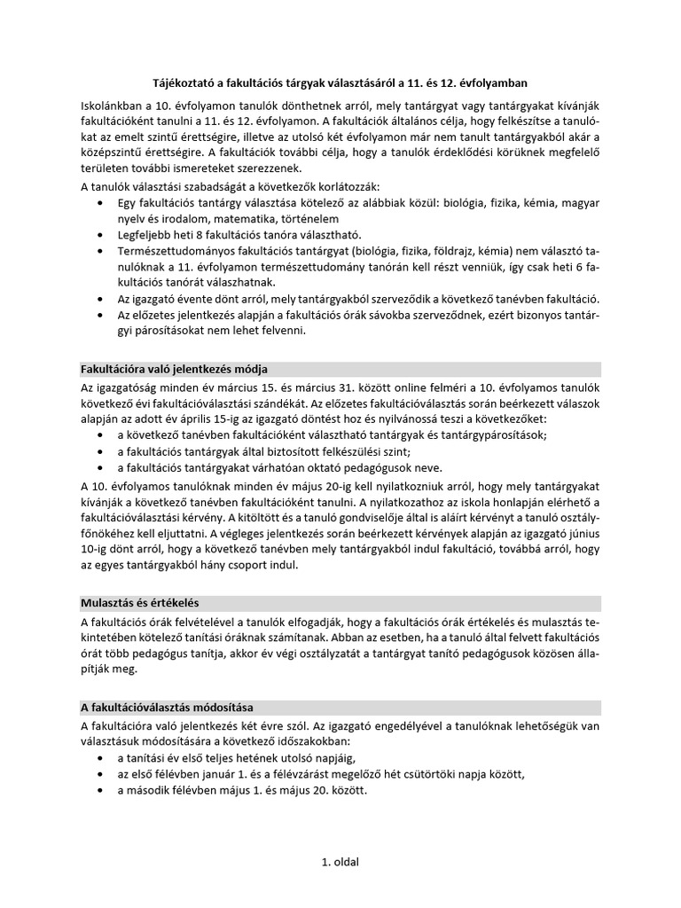 Fakultációs Tájékoztató ELTE Radnóti | PDF