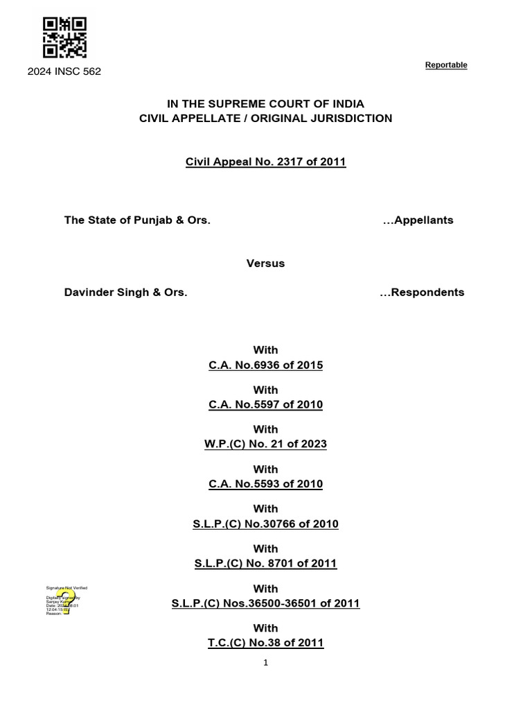 State of Punjab v Davinder Singh Sub Classification Permissible Among ...