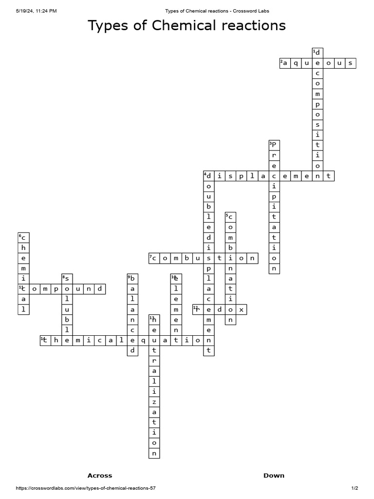 Types of Chemical Reactions - Crossword Labs | PDF | Chemical Reactions ...