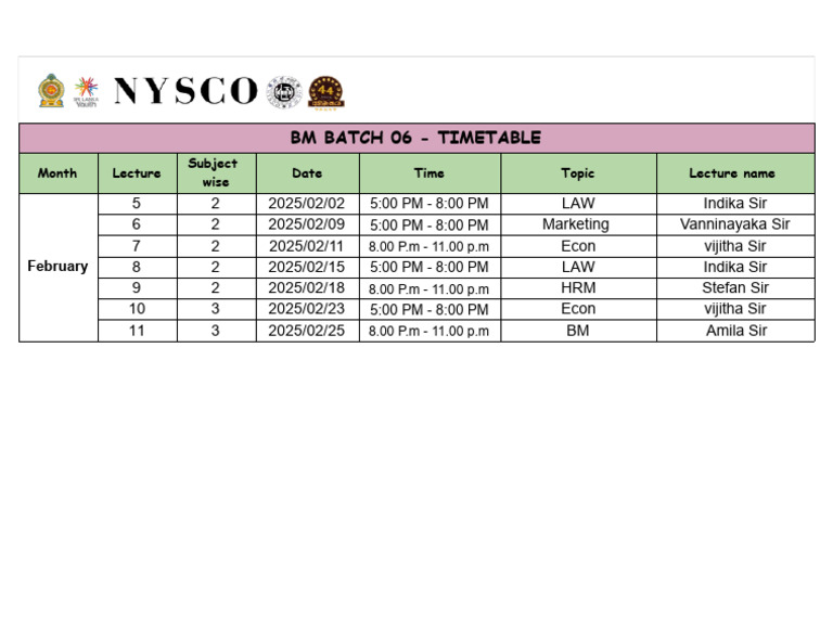 February Timetable 2025 - BM 06 | PDF