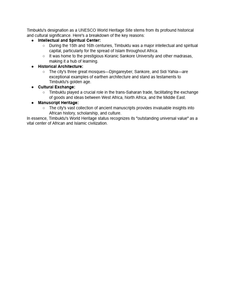 Why Is Timbuktu A World Heritage Site | PDF