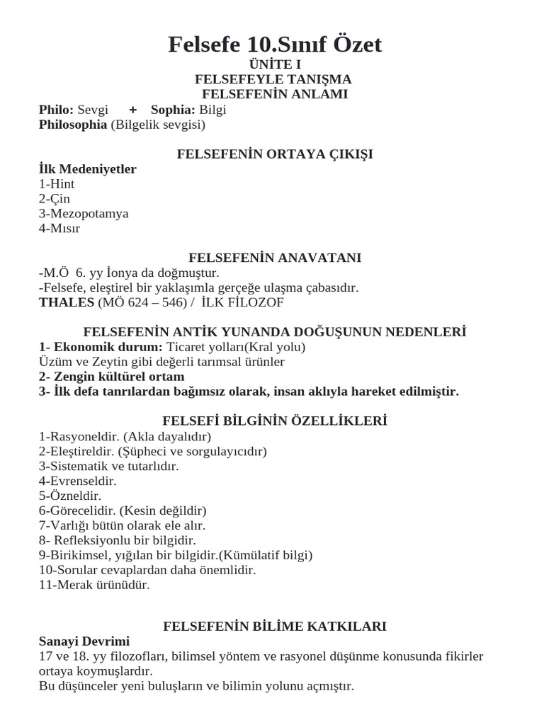Felsefe 10.sınıf Özet | PDF