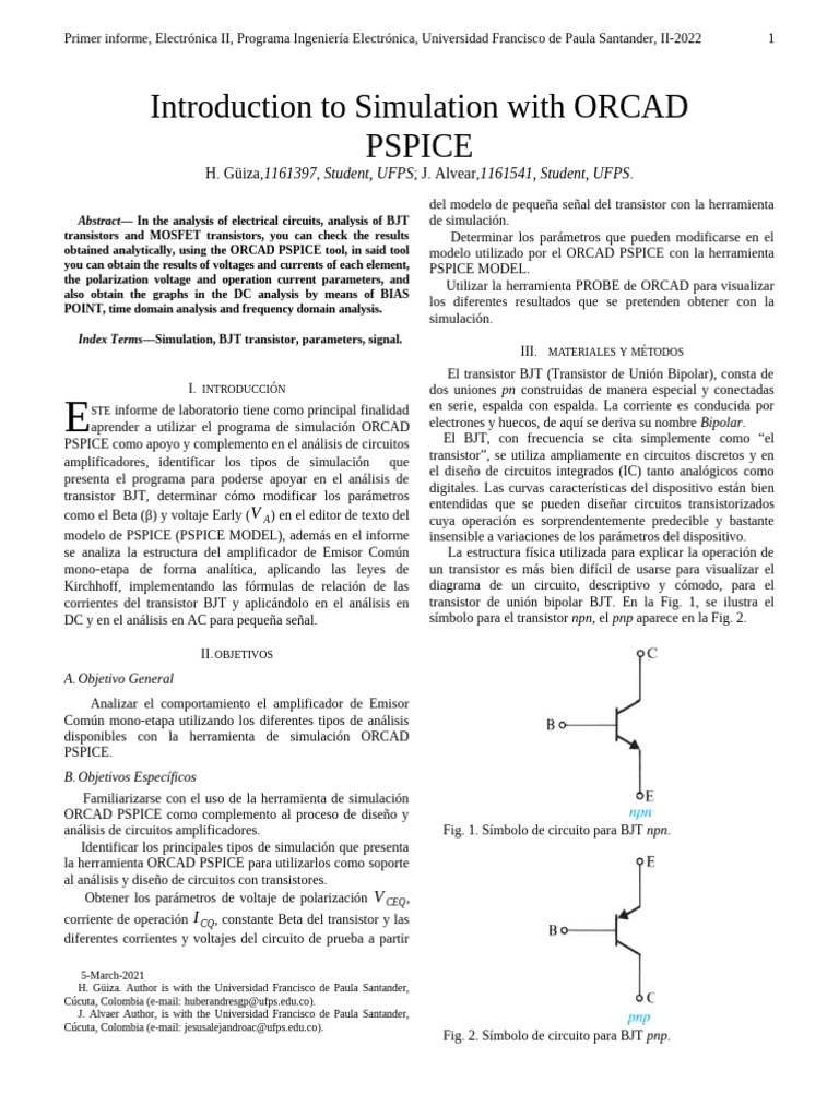 Introduction To Simulation With ORCAD Pspice: H. Güiza,, J. Alvear ...