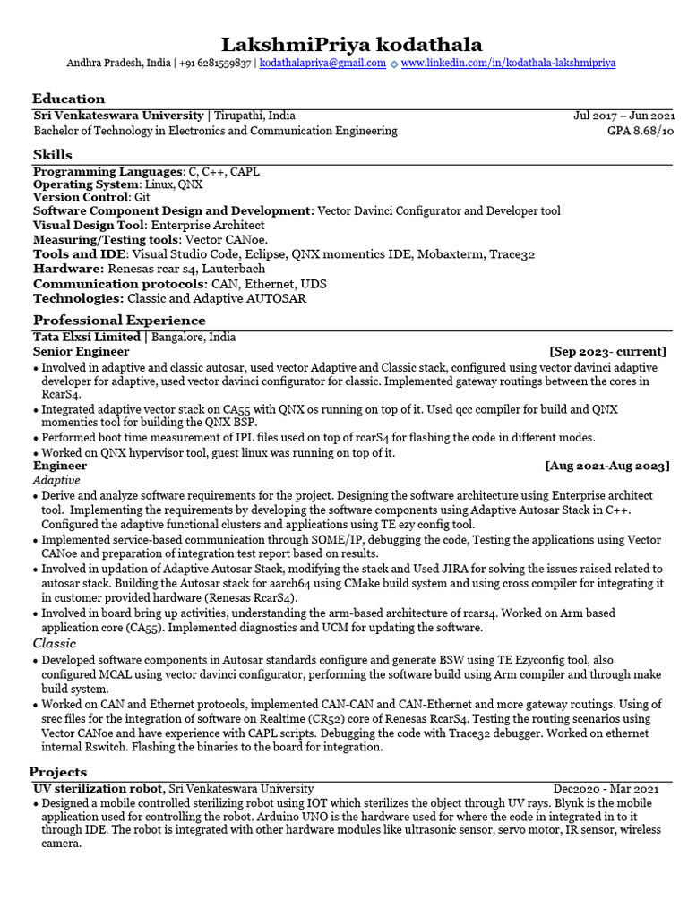LakshmiPriya_resume | PDF | Integrated Development Environment | Arduino
