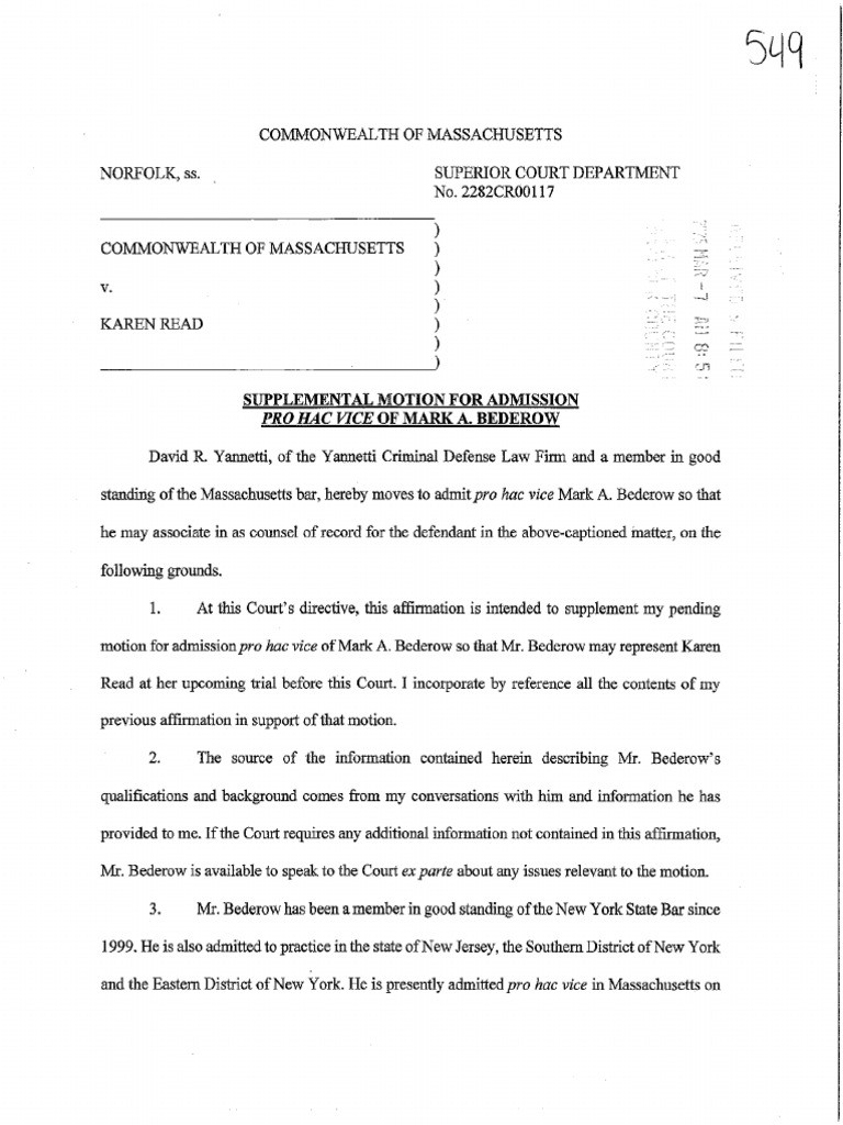 Karen Read Motion For Admission of Bederow | PDF