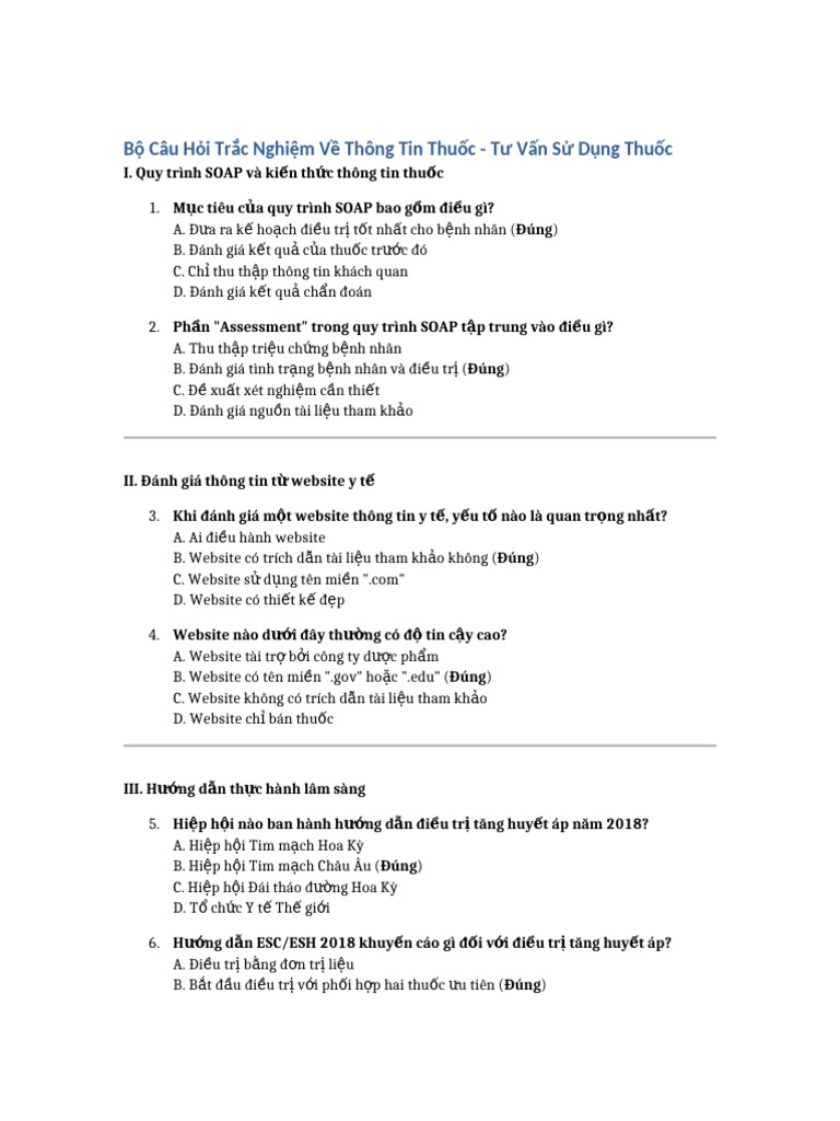 Bo Cau Hoi Trac Nghiem Thong Tin Thuoc | PDF