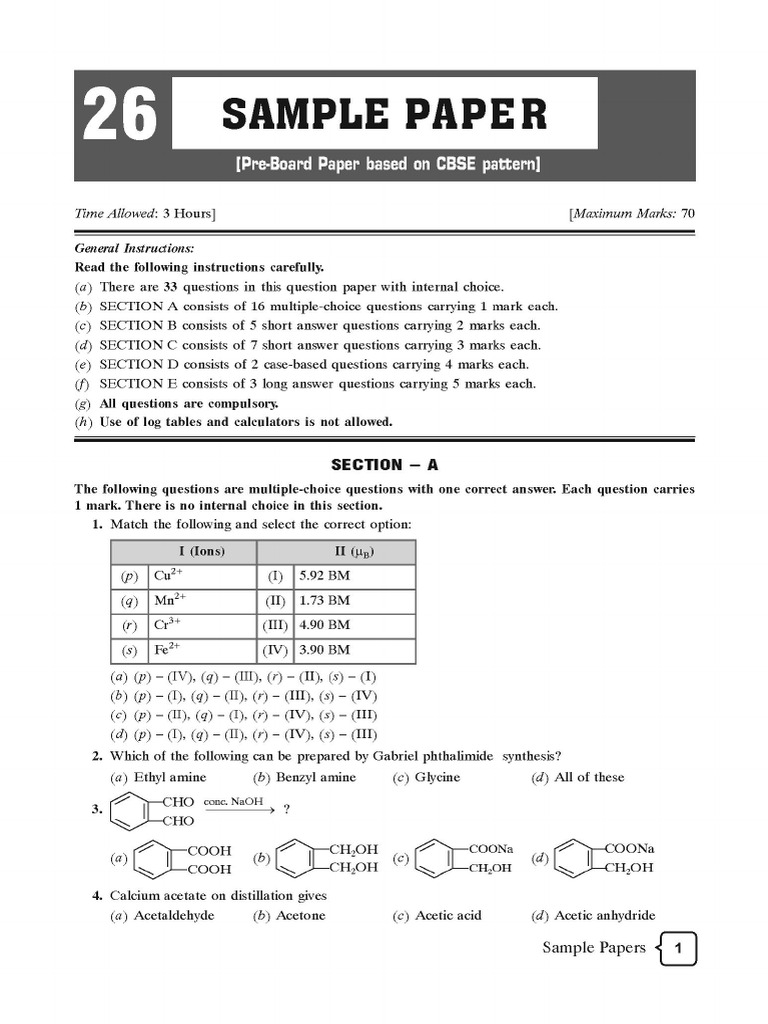 Cbse Cl12 Ead Chemistry Pre-Board Paper 26 | PDF