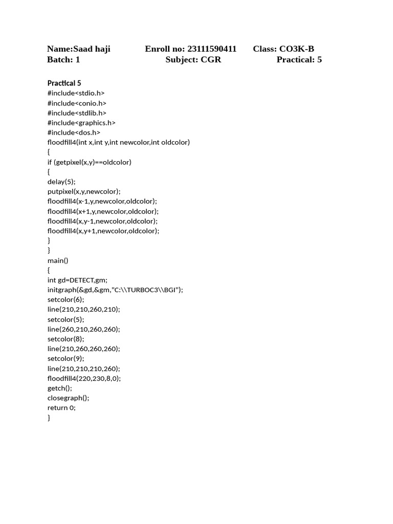 Name:Saad Haji Enroll No: 23111590411 Class: CO3K-B Batch: 1 Subject: CGR Practical: 5 | PDF