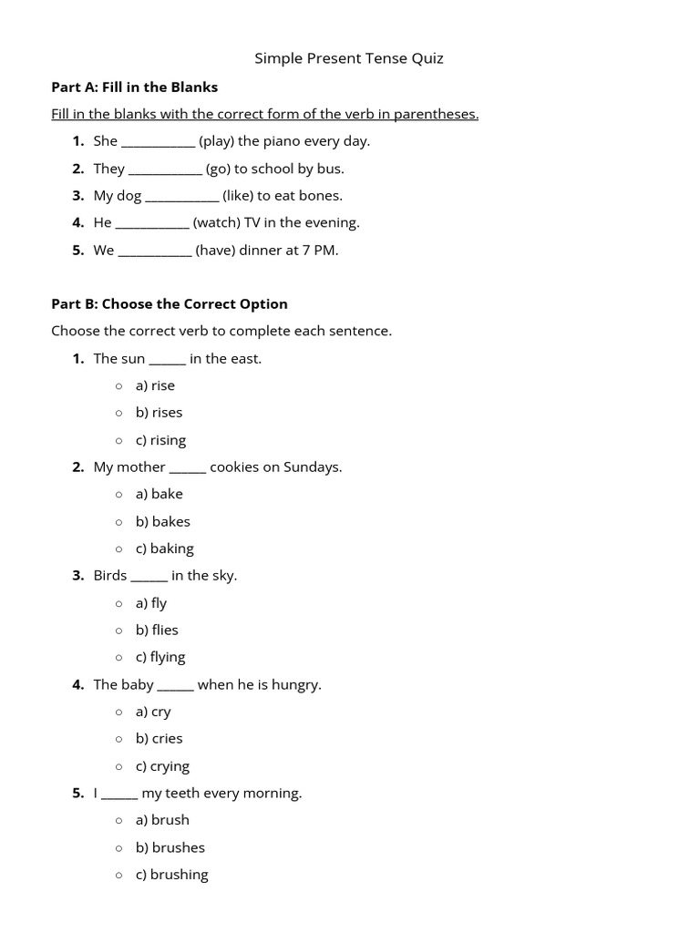 Simple Present Tense Quiz | PDF
