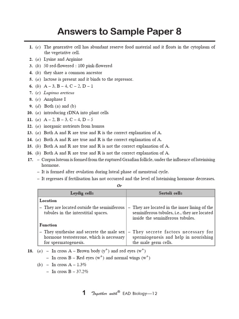 Biology Answers To Sample Paper 8 2025 | PDF | Fertilisation | Meiosis