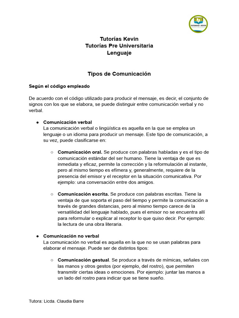Tipos de Comunicación - PreU 2025 | PDF | Comunicación | Comunicación no verbal