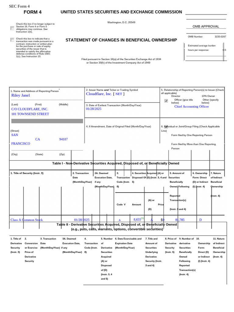 Cloudflare Inc. Class A SEC Form 4 | PDF | Securities (Finance ...