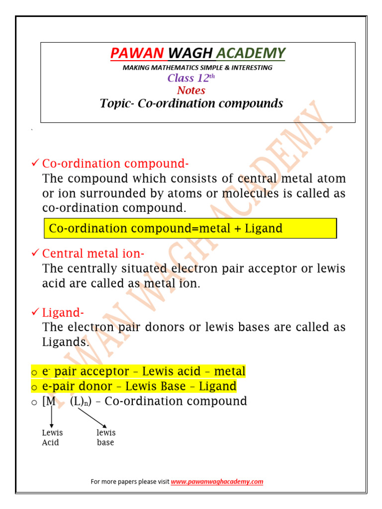 Coordination Compounds Class 12 Notes | PDF | Coordination Complex | Ligand