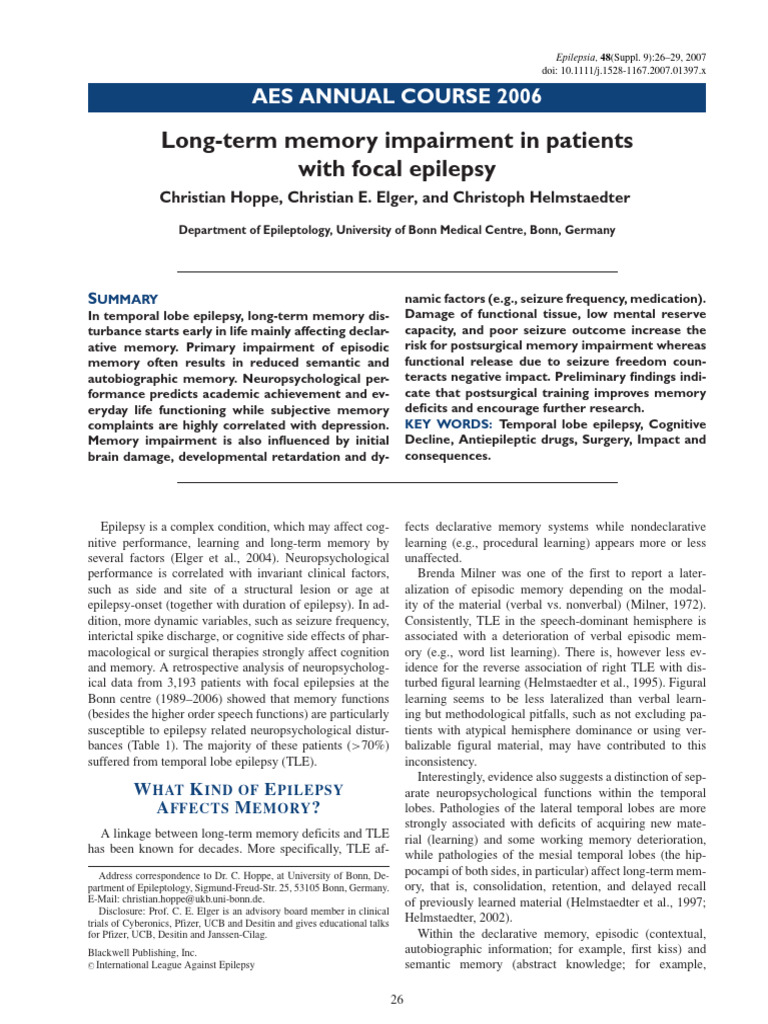 Memory Impairment in Temporal Lobe Epilepsy | PDF | Epilepsy | Memory