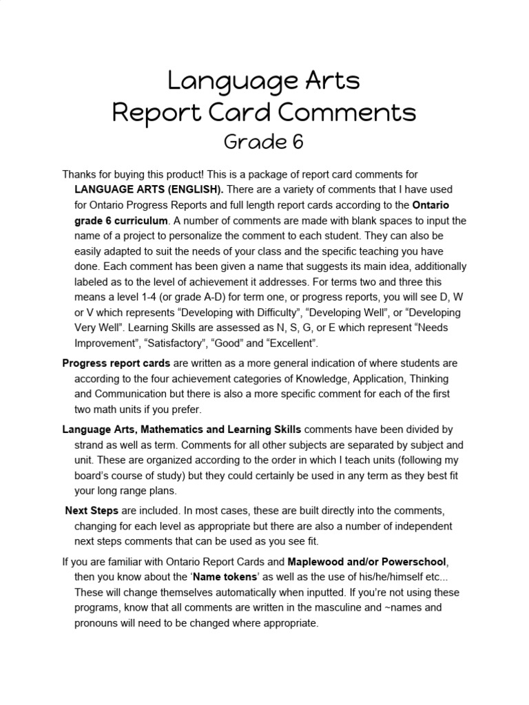 1 - Report Card Comments - Ontario Grade 6 Language Arts - EDITABLE ...