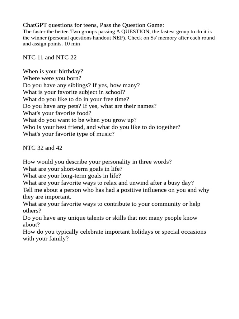 Pass the question Game Teens | PDF