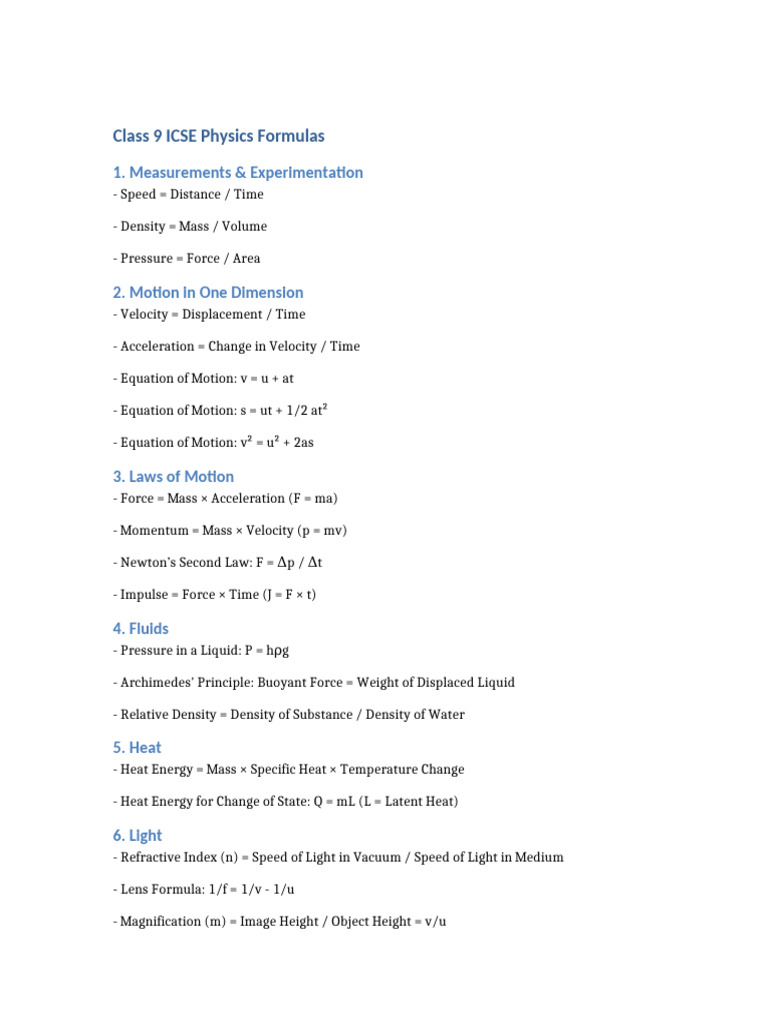 Class 9 ICSE Physics Formulas | PDF