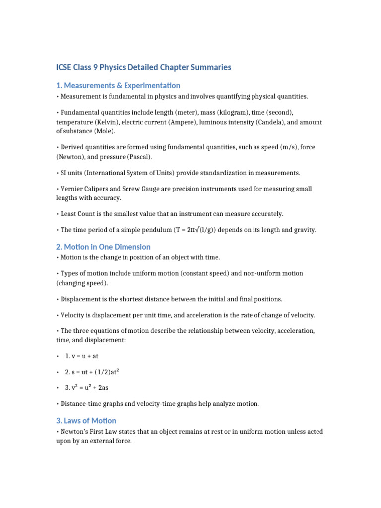 ICSE Class 9 Physics Detailed Chapter Summaries | PDF | Buoyancy | Pressure