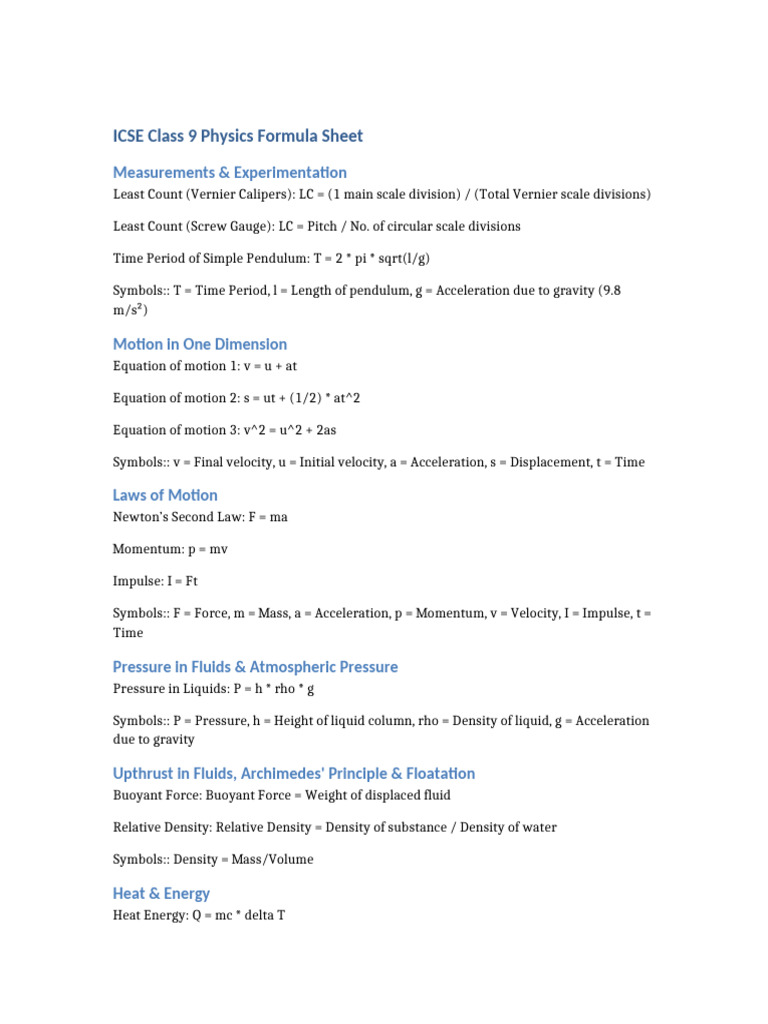 Class 9 Physics Formula Sheet | PDF