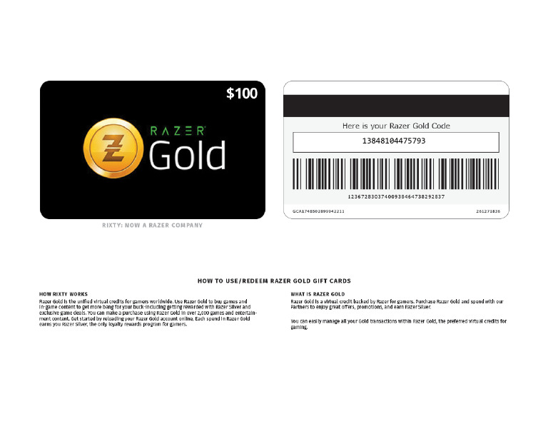 $100 Razer Gold Game Card | PDF