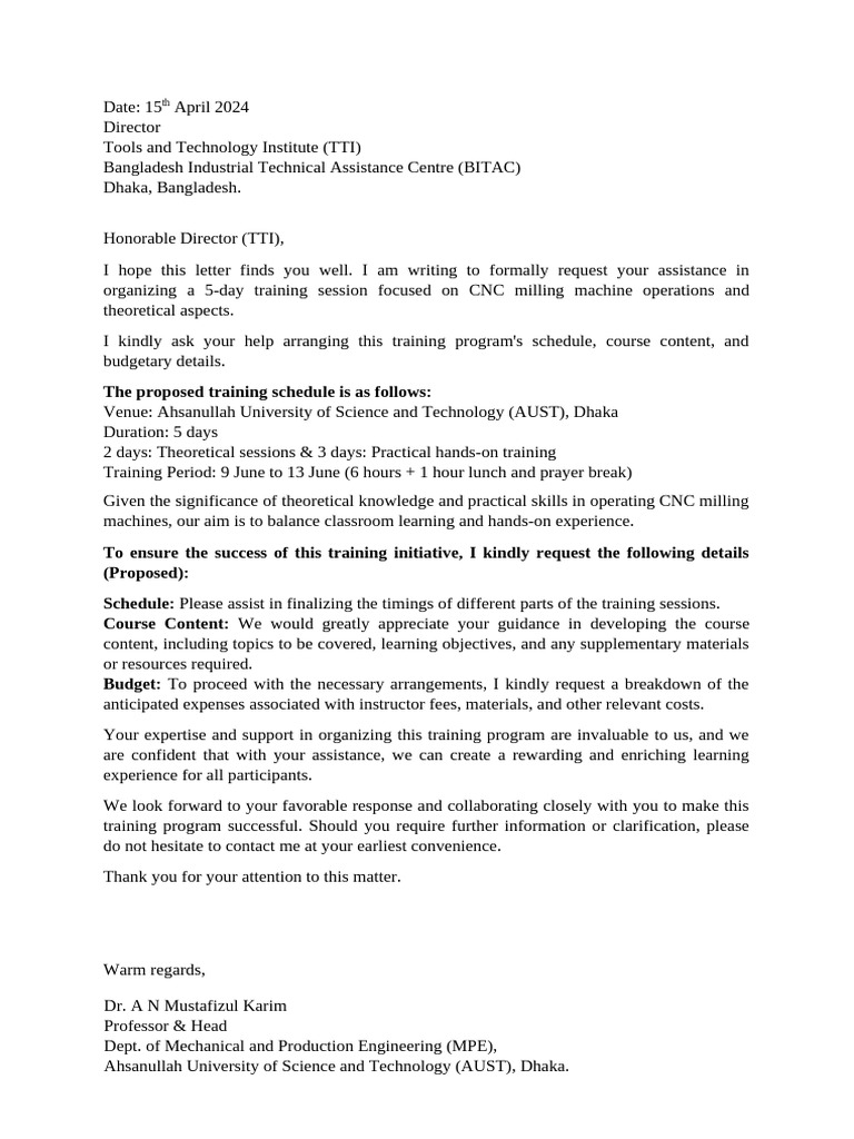 Letter For Training BiTac | PDF