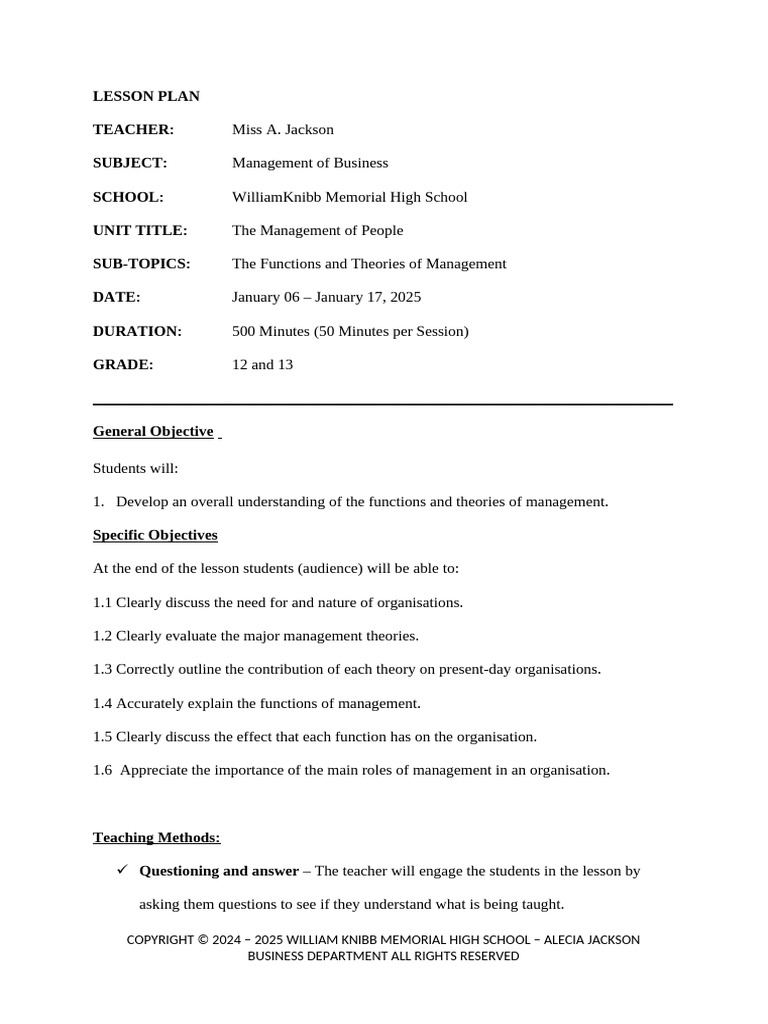 MOB Lesson Plan 7 - The Theories and Function of Management | PDF ...