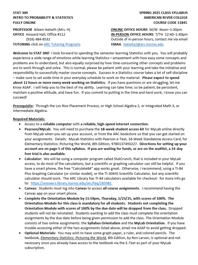 STAT300 Online Syllabus SPR 2025 | PDF | Statistics | Regression Analysis