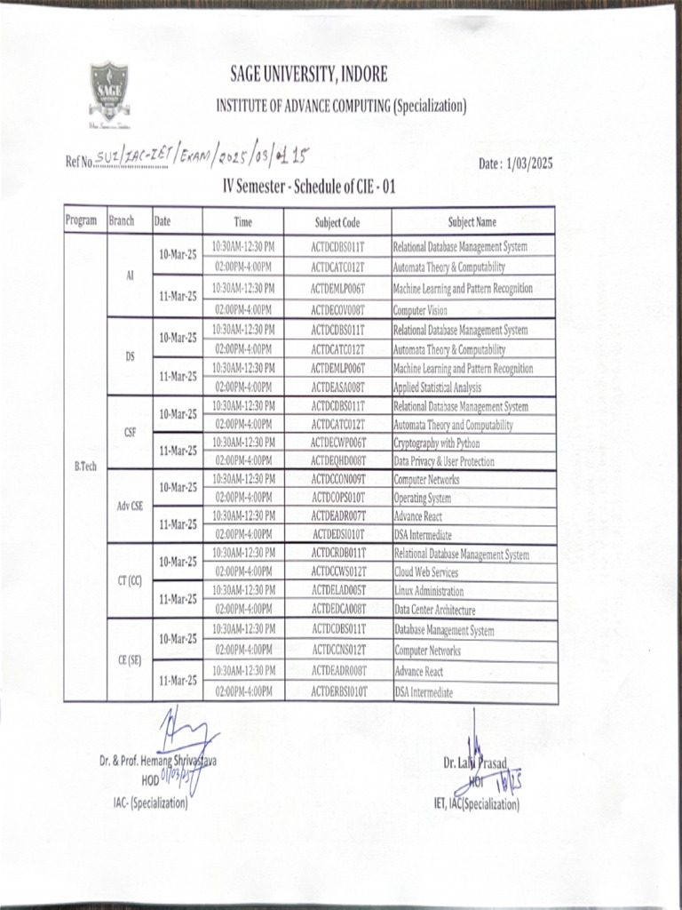 IAC 4 Sem CIE 01 Time Table Jan Jun 2025 | PDF