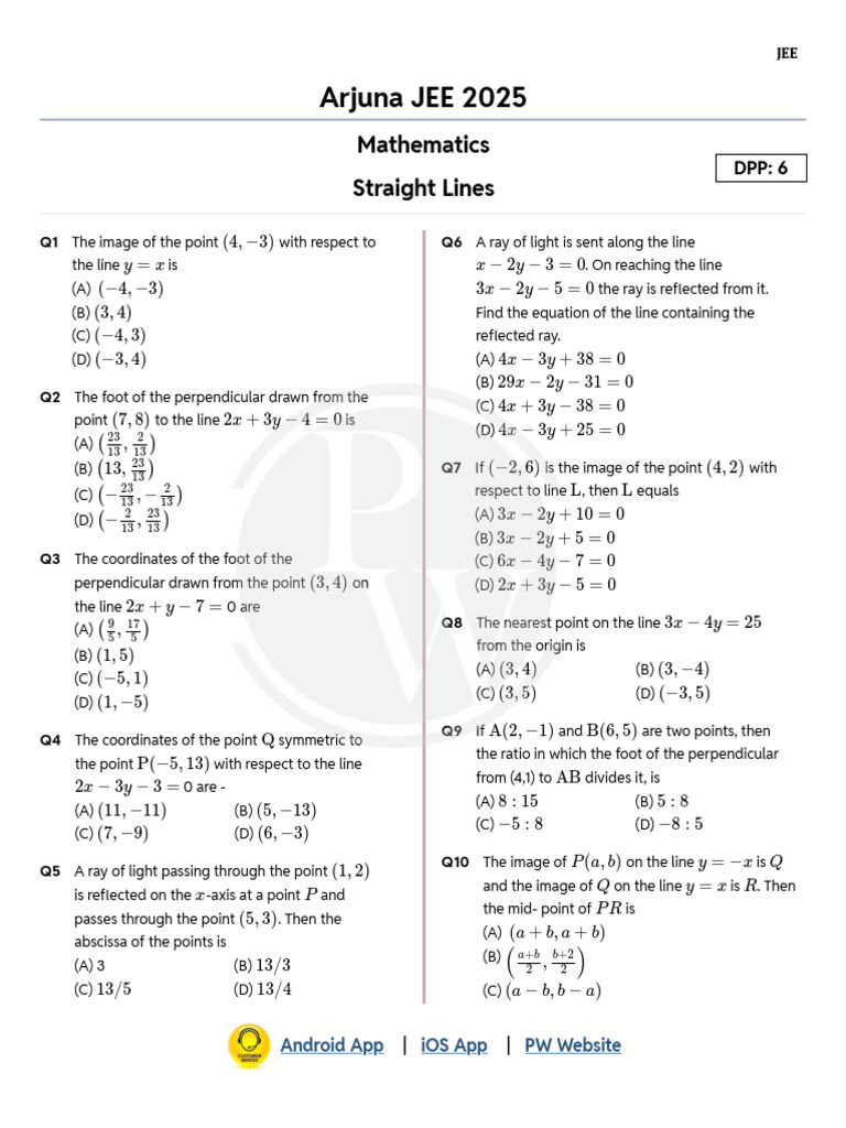 Straight Lines - DPP 06 (Of Lec 08) - Arjuna JEE 2025 | PDF ...