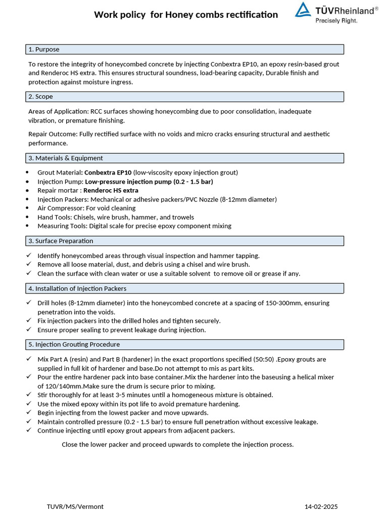 Work Policy for Honeycomb Rectification.N.v.tuvr | PDF | Concrete | Epoxy