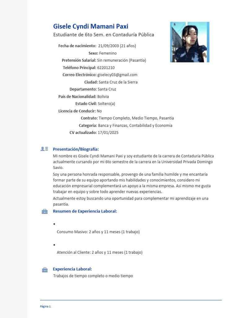 CV - .Gisele C. Mamani P. | PDF | Economias
