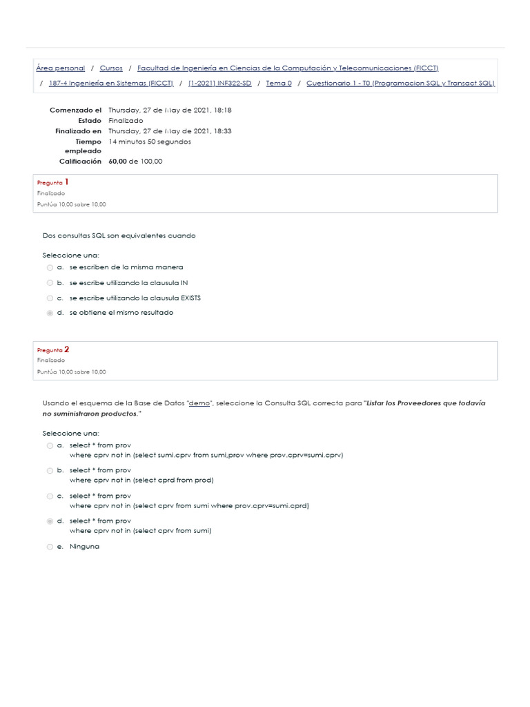 Cuestionario 1 - T0 (Programacion SQL y Transact SQL) - Revisión Del Intento | PDF | SQL | Datos ...