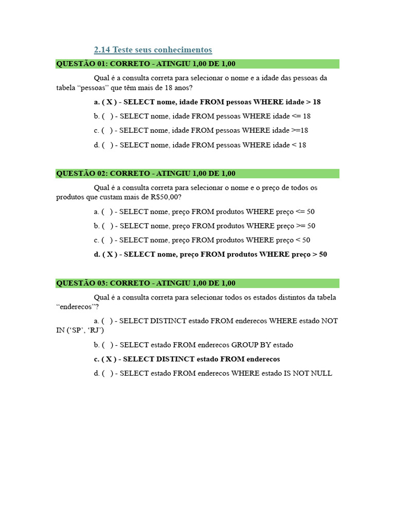 MÓDULO 2-Banco de Dados (SQL) - Teste 2.14 | PDF | Bancos de dados | SQL