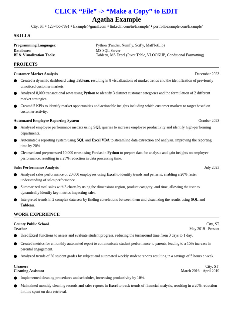 Resumé For An Entry Level Data Analyst | PDF | Microsoft Excel | Sql