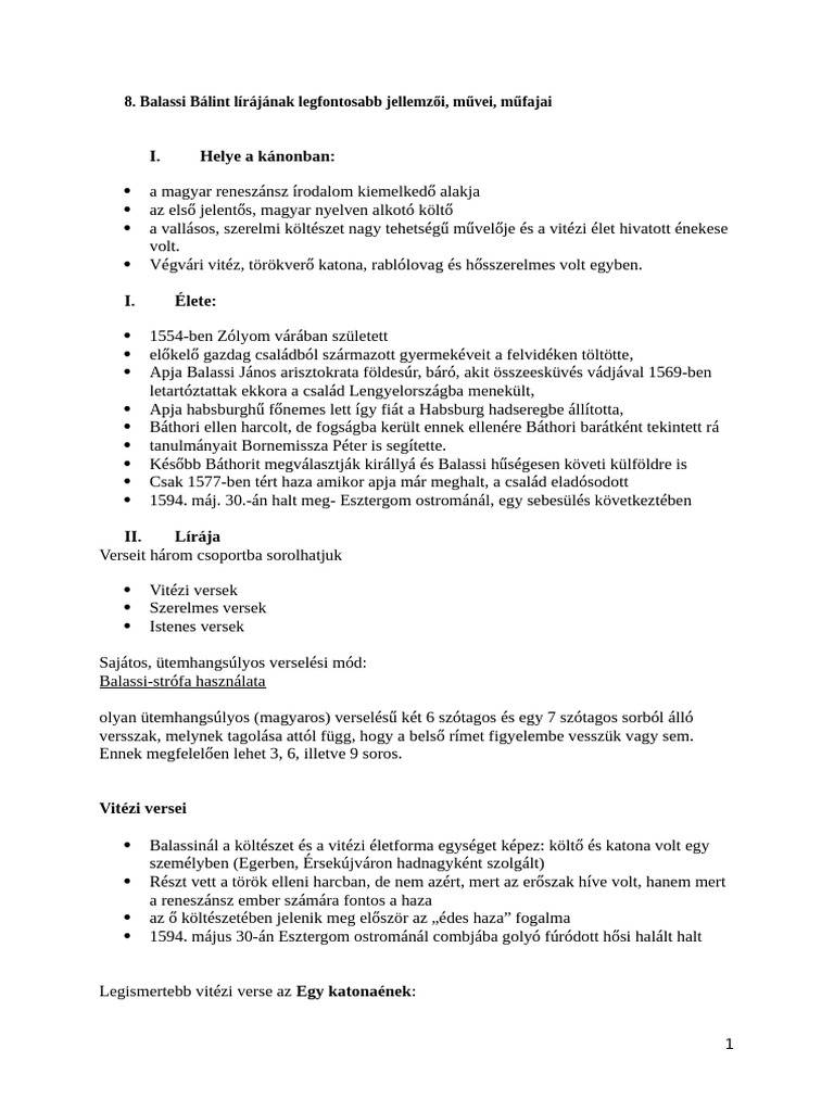 8 - Balassi Bálint Lírájának Legfontosabb Jellemzői, Művei, Műfajai | PDF