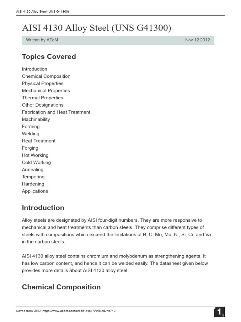 Aisi 4130 Alloy Steel (Uns g41300) | PDF | Steel | Heat Treating