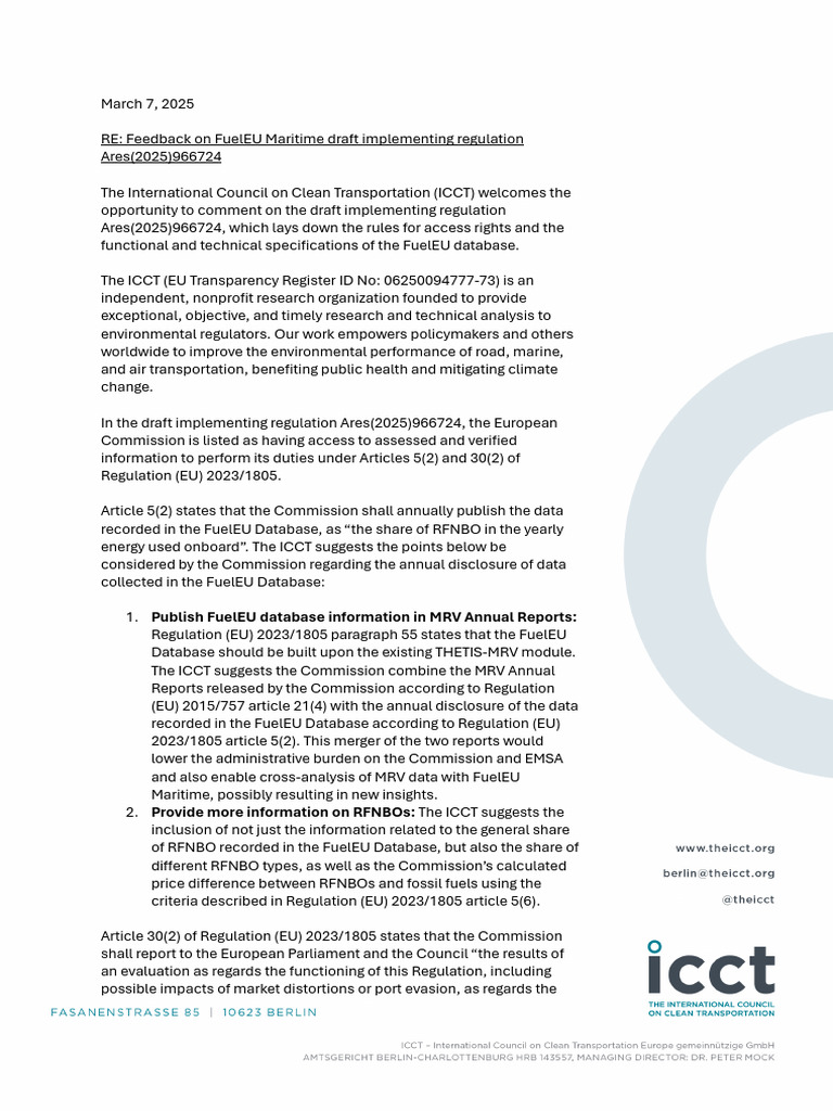ICCT Comments On FuelEU Maritime Draft Implementing Regulation Ares ...