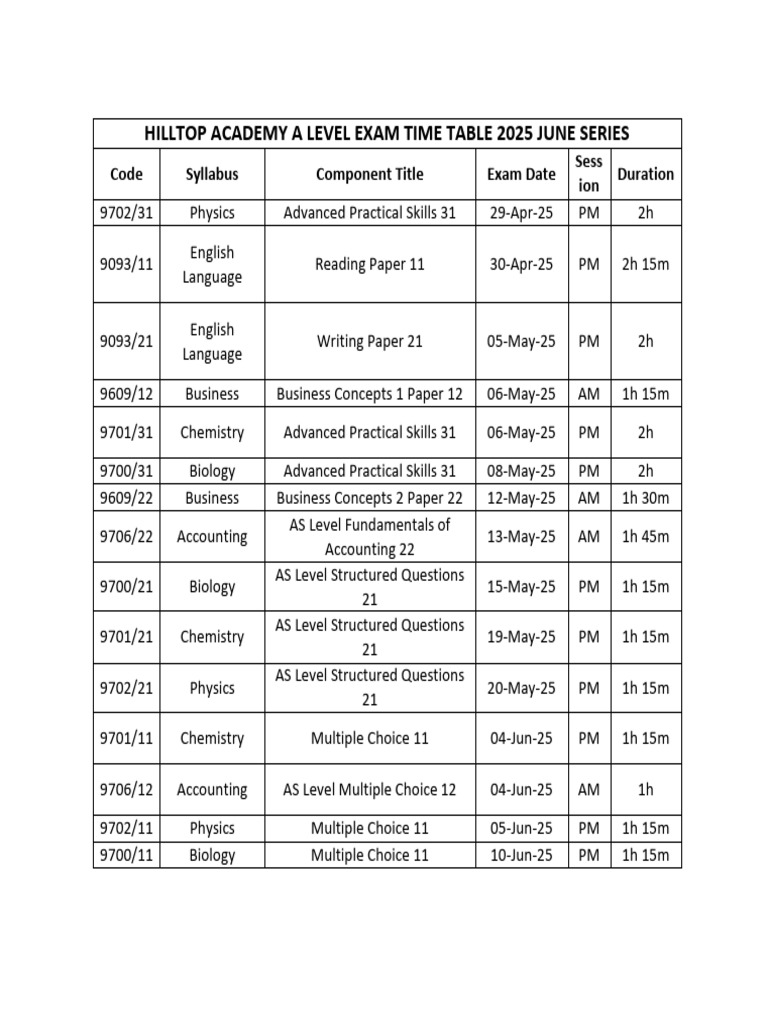 A Level Exam Time Table 2025 June Series | PDF