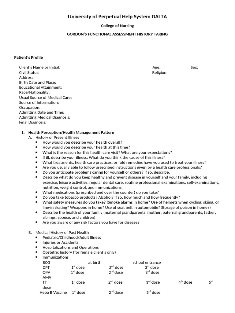 Gordons Functional Assessment History Form | PDF | Dose (Biochemistry ...