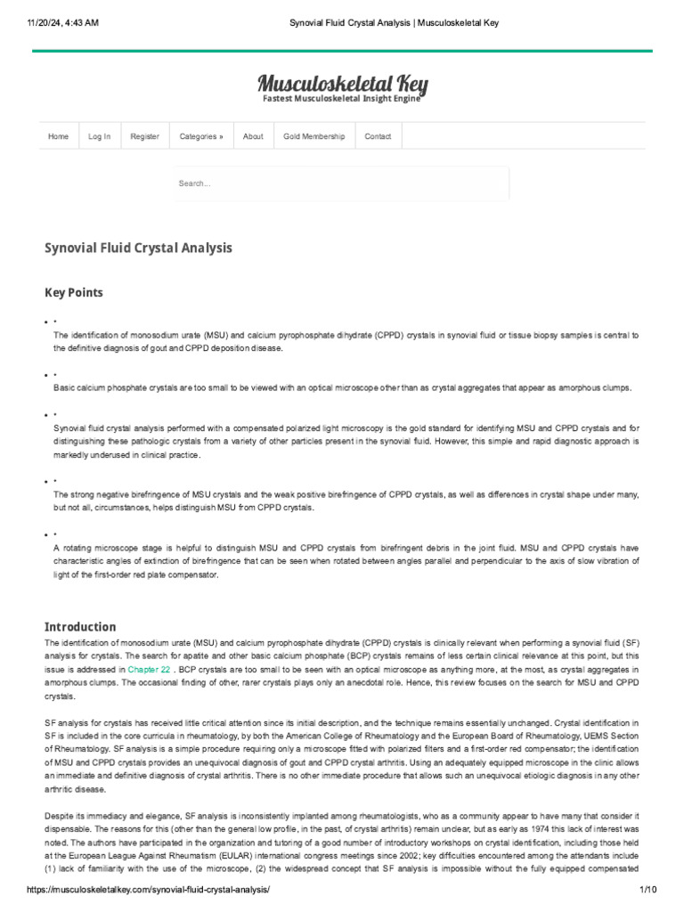 Synovial Fluid Crystal Analysis - Musculoskeletal Key | PDF