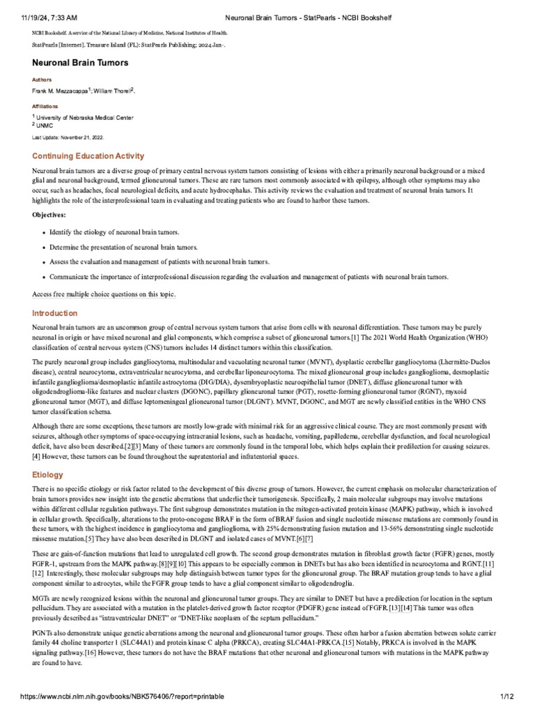 Neuronal Brain Tumors - StatPearls - NCBI Bookshelf | PDF