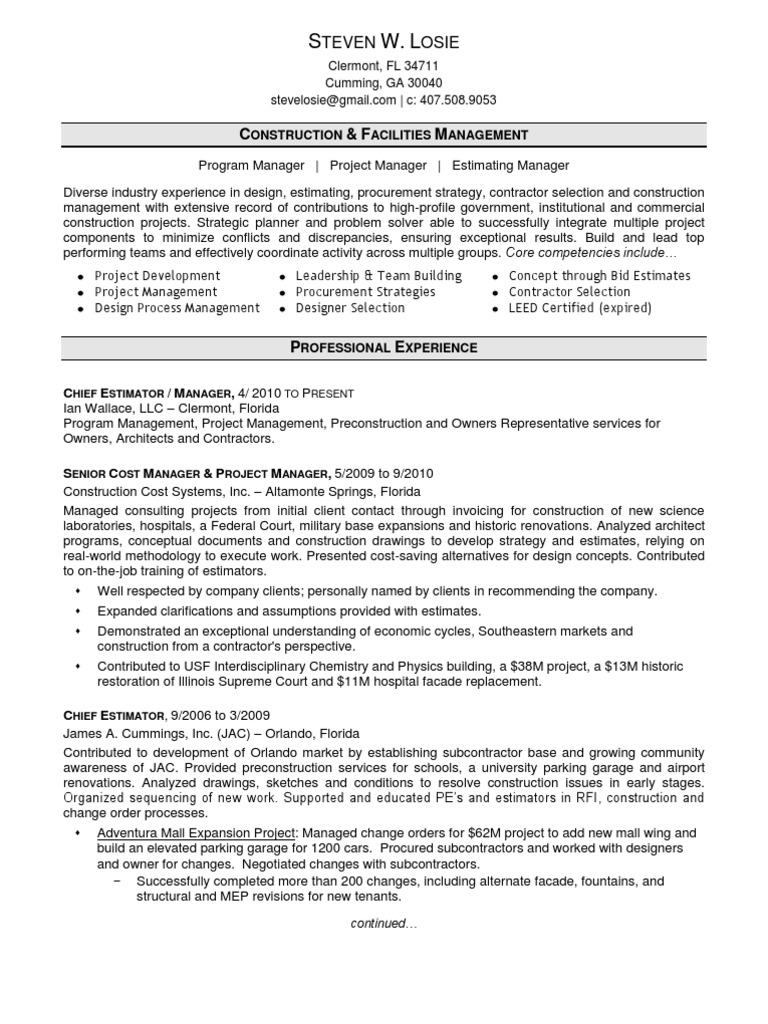 Senior Estimator Preconstruction Manager in Atlanta GA Resume Steven ...