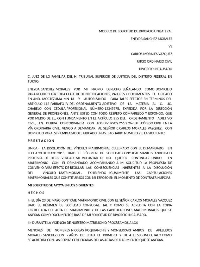 Modelo de Solicitud de Divorcio Unilateral | PDF | Divorcio | Matrimonio