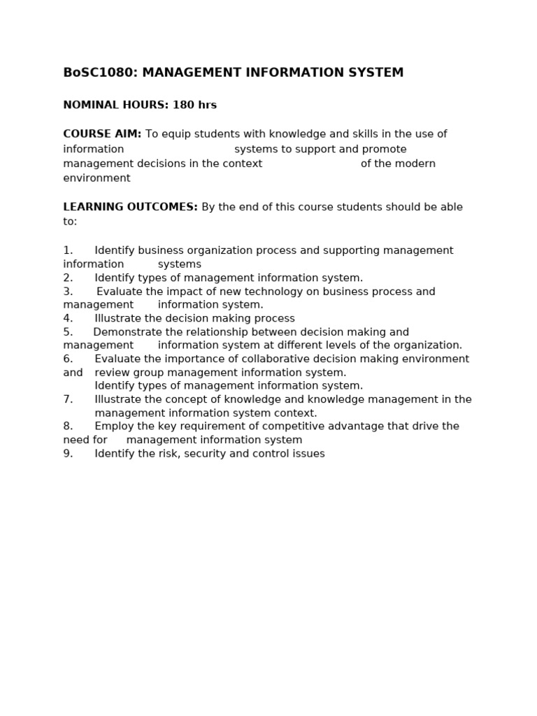 BoSC1080 - MIS Course Outline | PDF | Management Information System | Information