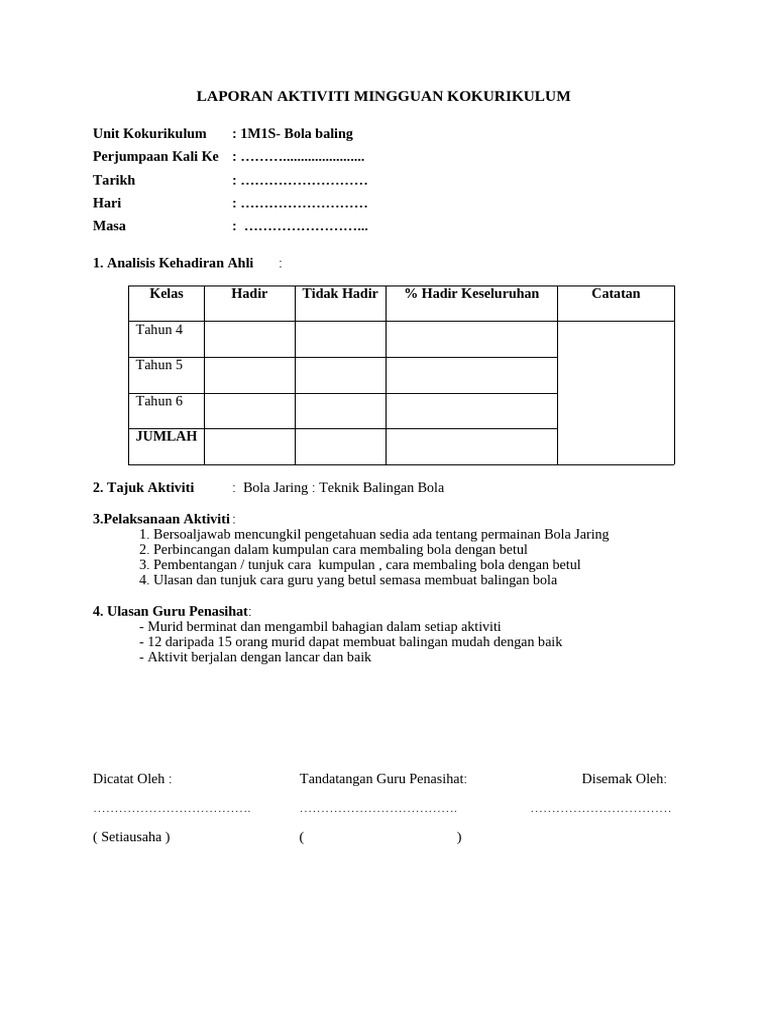 Contoh Laporan Kbat Aktiviti Mingguan Kokurikulum | PDF