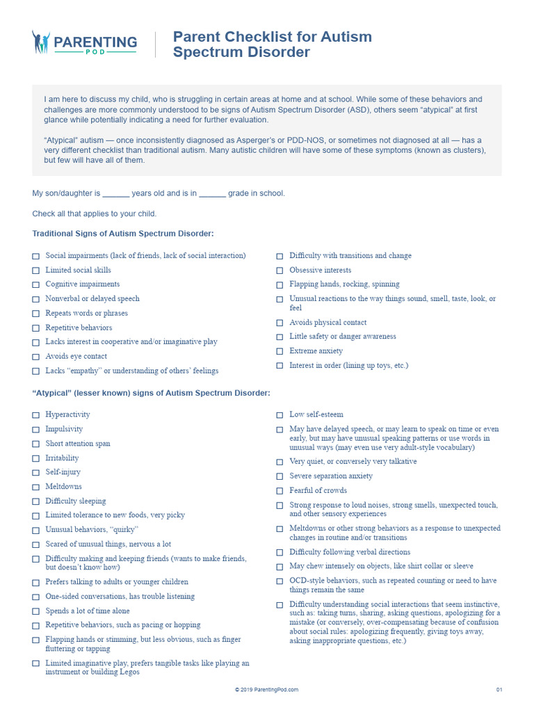 Symptom Checklist for Children Autism Spectrum Disorder(1) | PDF ...